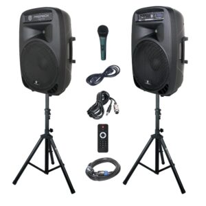 proreck party 15 portable 15-inch 2000 watt 2-way powered pa speaker system combo set with bluetooth/usb/sd card reader/fm radio/remote control/led light