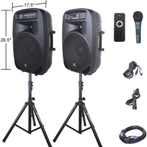 PRORECK Party 15 Portable 15-Inch 2000 Watt 2-Way Powered PA Speaker System Combo Set with Bluetooth/USB/SD Card Reader/FM Radio/Remote Control/LED Light