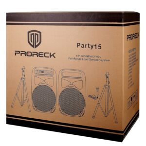 PRORECK Party 15 Portable 15-Inch 2000 Watt 2-Way Powered PA Speaker System Combo Set with Bluetooth/USB/SD Card Reader/FM Radio/Remote Control/LED Light