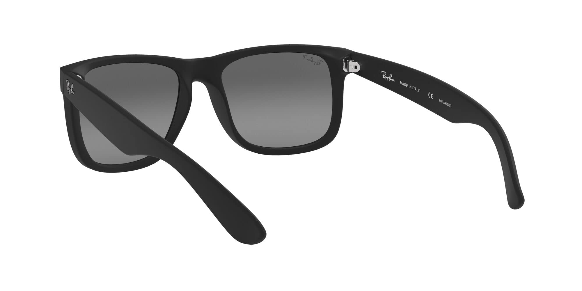 Ray-Ban RB4165 Justin Rectangular Sunglasses, Rubber Black/Polarized Light Grey Gradient Grey, 55 mm