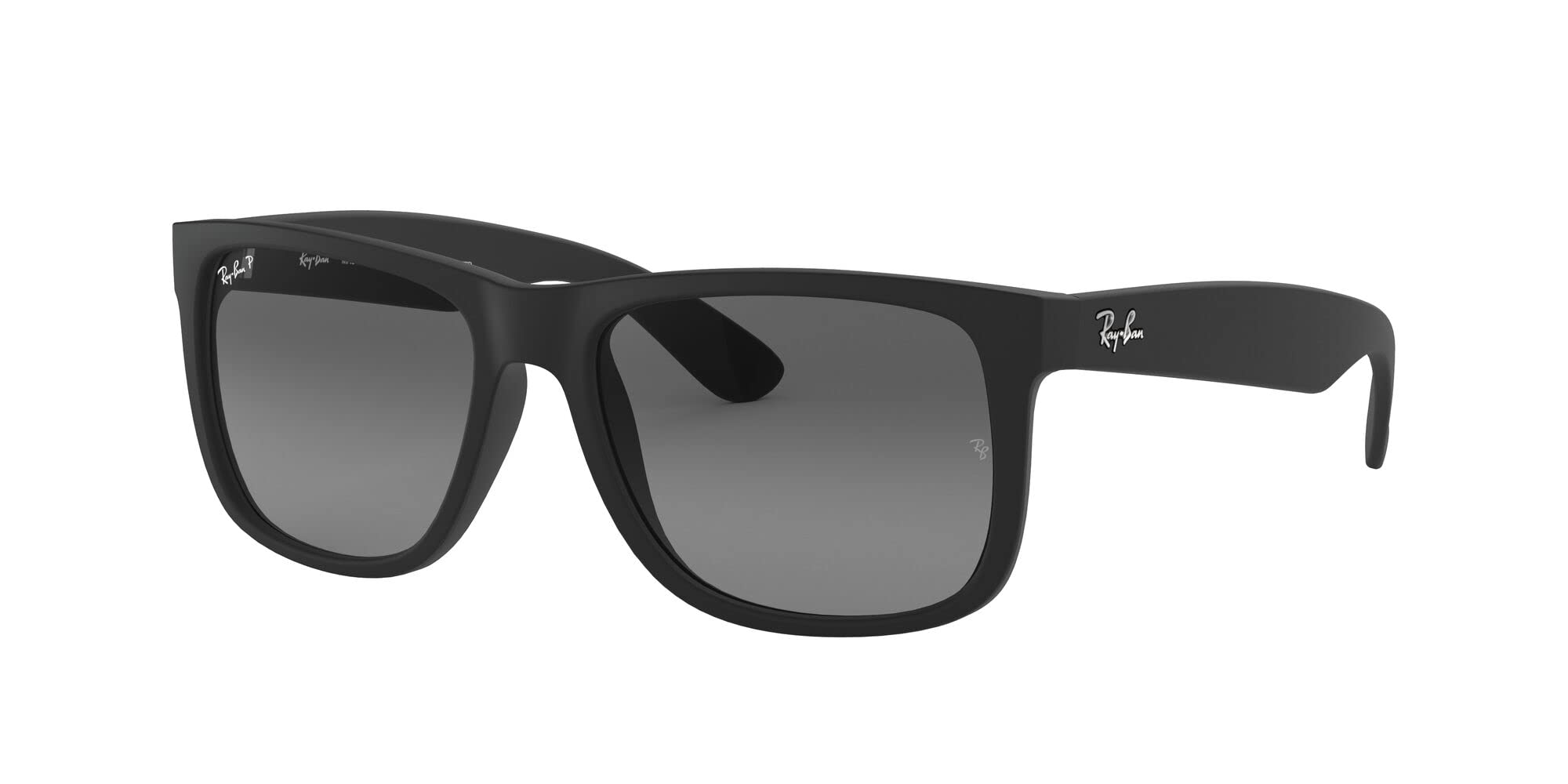 Ray-Ban RB4165 Justin Rectangular Sunglasses, Rubber Black/Polarized Light Grey Gradient Grey, 55 mm