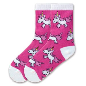 k. bell socks girls novelty crew casual sock, pink unicorns, shoe size 7-13 us