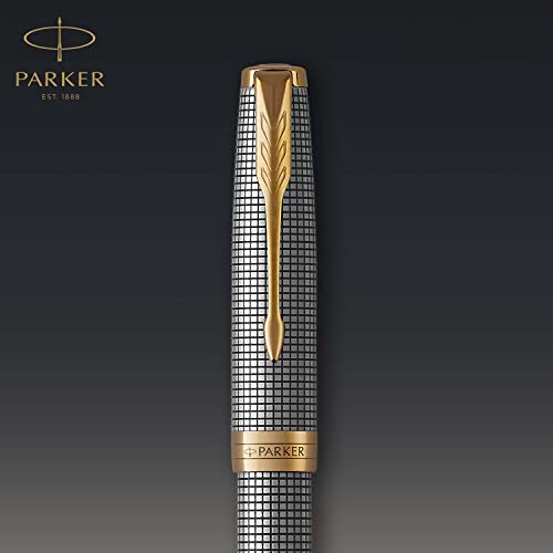 PARKER Sonnet Fountain Pen, Prestige Chiseled Silver with Gold Trim, Solid 18k Gold Medium Nib