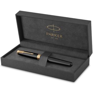 parker sonnet fountain pen, black lacquer with gold trim, medium nib (1931495)