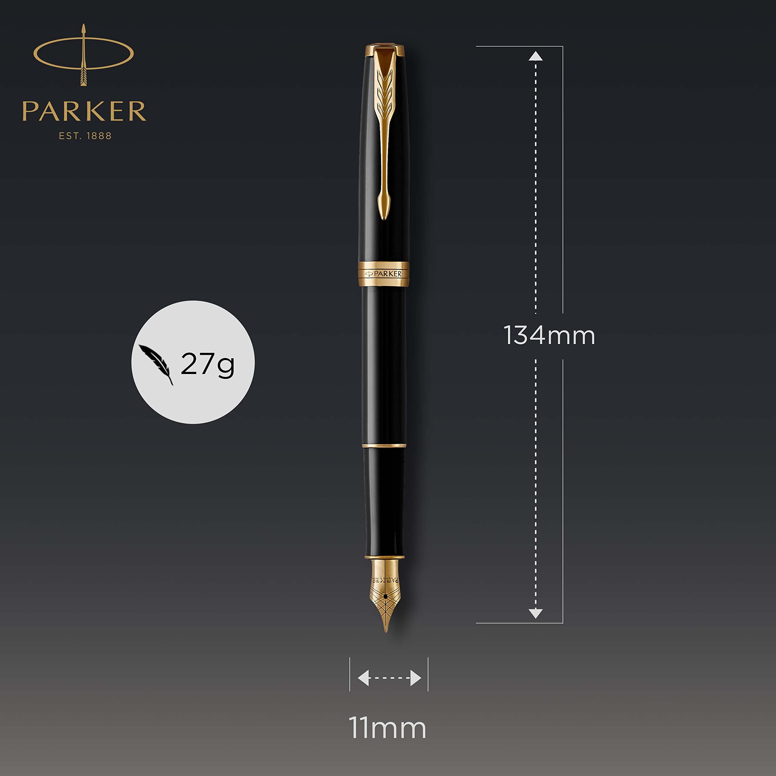 PARKER Sonnet Fountain Pen, Black Lacquer with Gold Trim, Medium Nib (1931495)