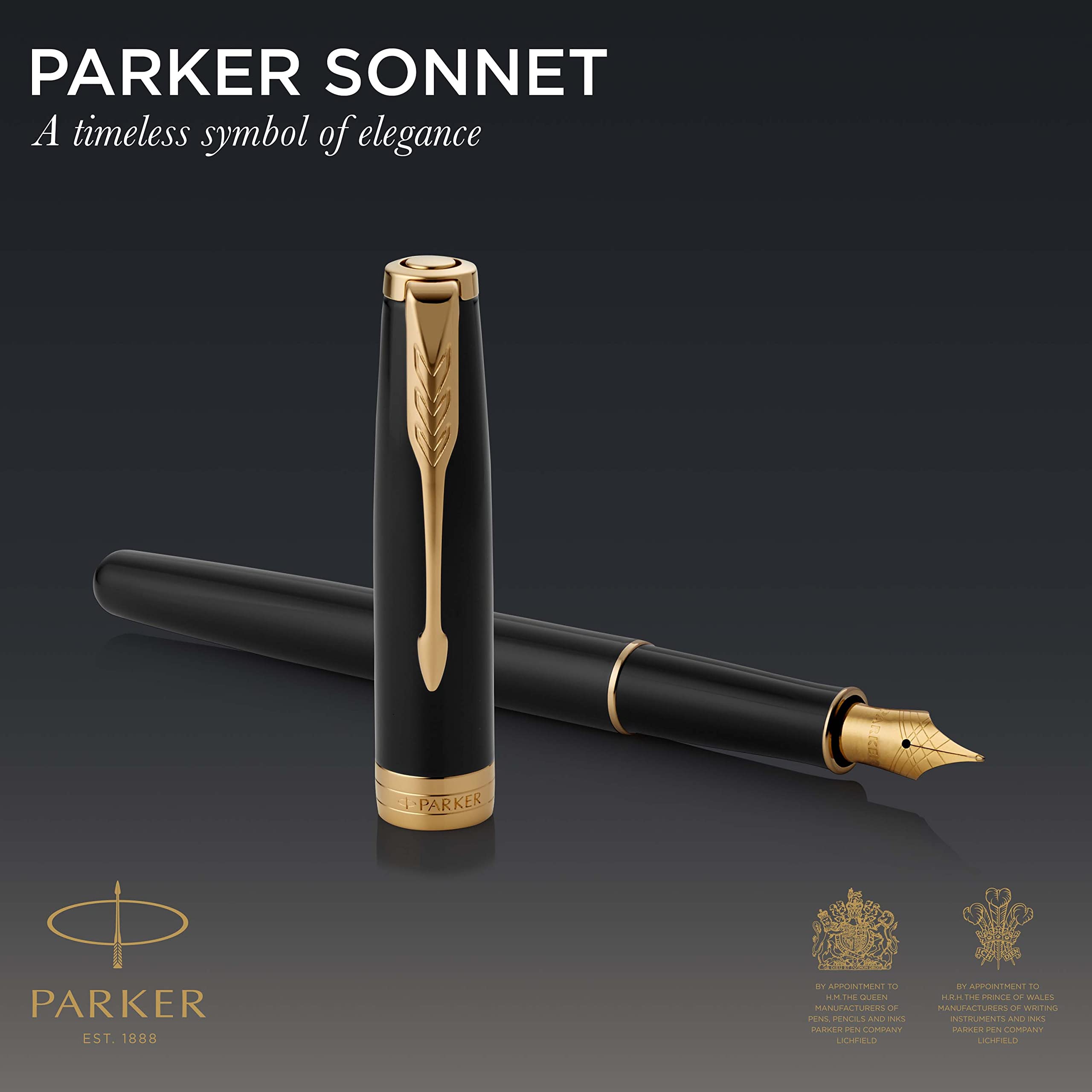 PARKER Sonnet Fountain Pen, Black Lacquer with Gold Trim, Medium Nib (1931495)