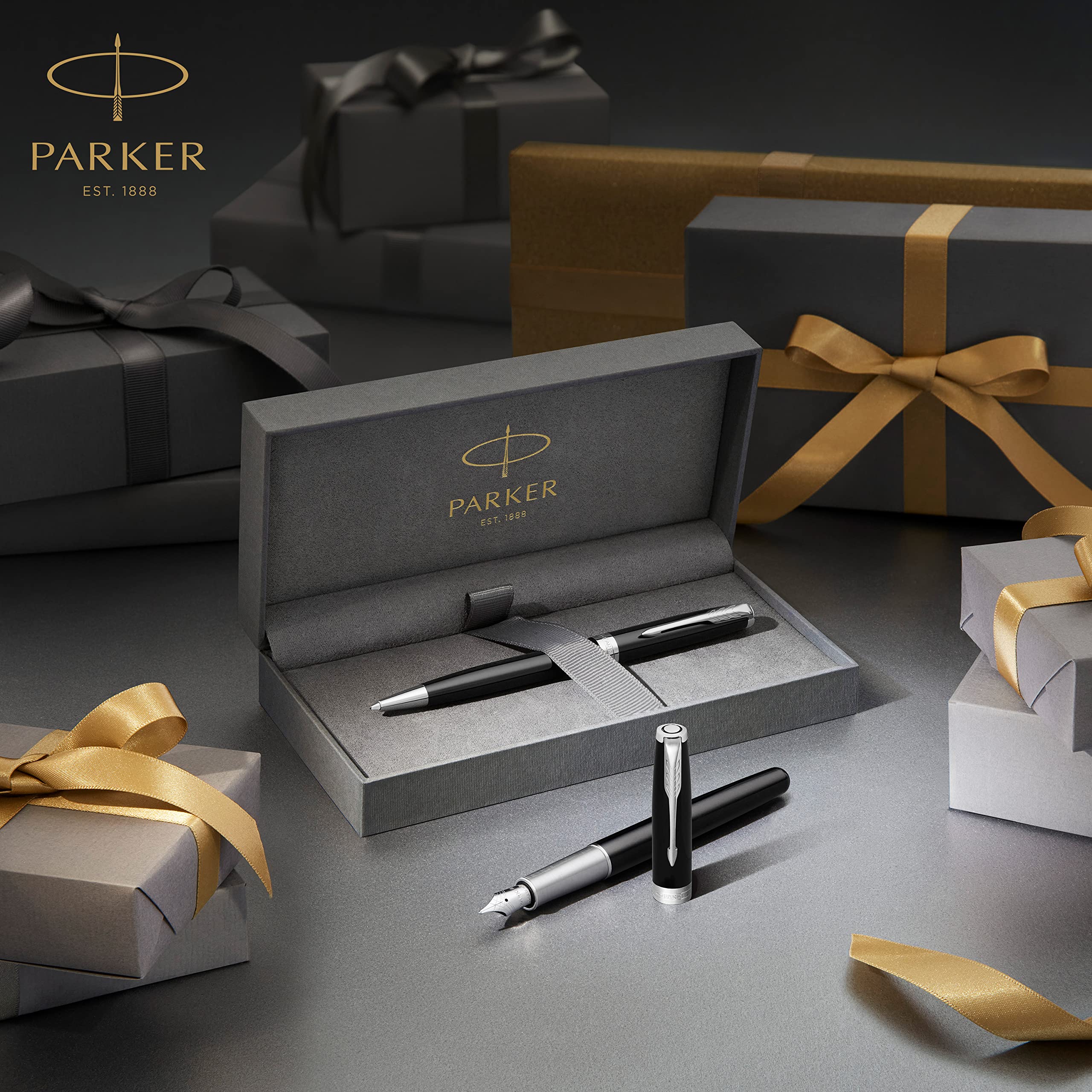 Parker Sonnet Ballpoint Pen | Matte Black Lacquer with Gold Trim | Medium Point Black Ink | Gift Box