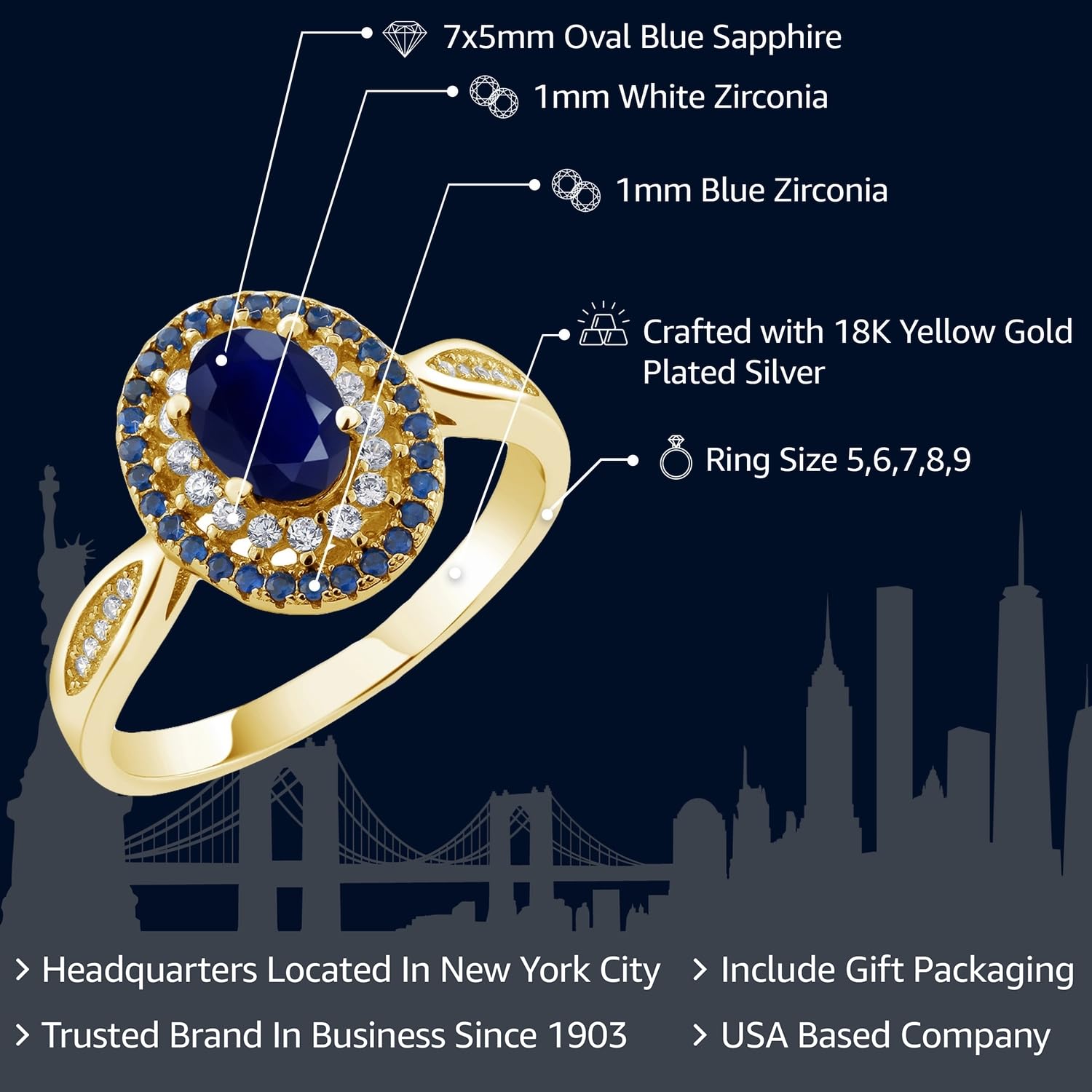 Gem Stone King 18K Yellow Gold Plated Silver 7X5MM Oval Gemstone Birthstone Double Halo Wedding Engagement Anniversary Promise Ring For Women | Available In Size 5, 6, 7, 8, 9