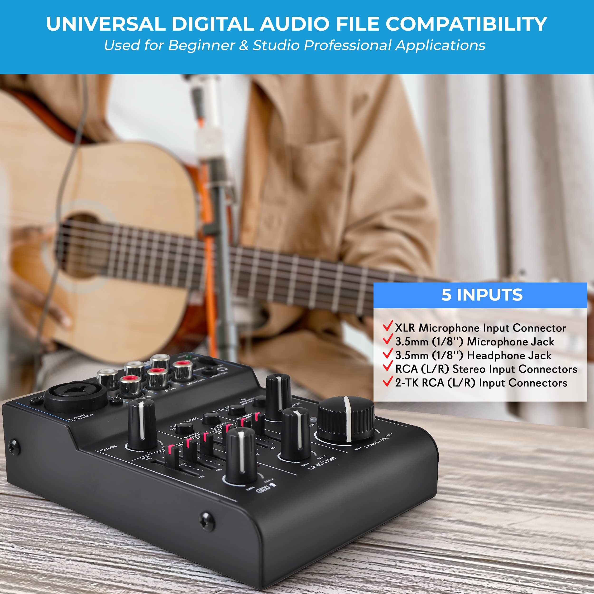 Pyle 3 Channel Bluetooth Audio Mixer - DJ Sound Controller Interface with USB Soundcard for PC Recording, XLR, 3.5mm Microphone Jack, 18V Power, RCA I/O for Professional and Beginners - PAD30MXUBT