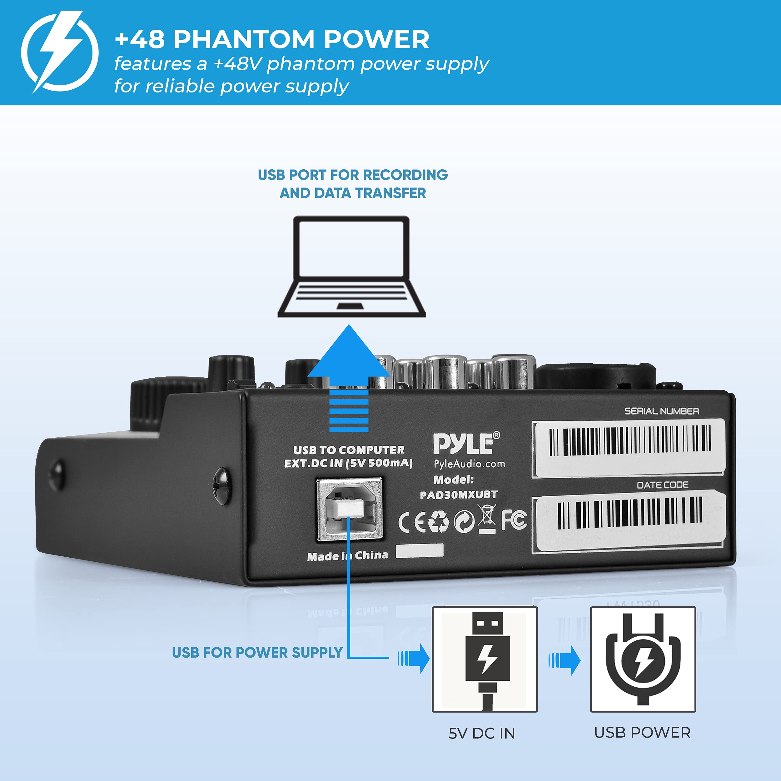 Pyle 3 Channel Bluetooth Audio Mixer - DJ Sound Controller Interface with USB Soundcard for PC Recording, XLR, 3.5mm Microphone Jack, 18V Power, RCA I/O for Professional and Beginners - PAD30MXUBT