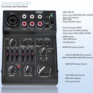 Pyle 3 Channel Bluetooth Audio Mixer - DJ Sound Controller Interface with USB Soundcard for PC Recording, XLR, 3.5mm Microphone Jack, 18V Power, RCA I/O for Professional and Beginners - PAD30MXUBT