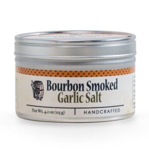 garlic salt - handcrafted bourbon smoked salt blended with garlic - 4 ounce tin