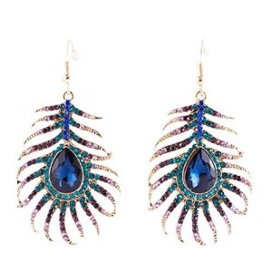 frogwill womens crystal hook earrings sparkling rhinestone peacock feather dangle earrings (blue)