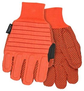 mcr safety 943l hi-vis cotton canvas double palm pvc dotted gloves (1 pair), large