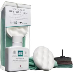 autoglym headlight restoration complete kit, quickly restore cloudy and discoloured headlights, designed for use with an electric drill, includes sanding discs, restoring compound and microfibre cloth