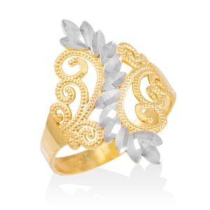 high polish 14k two-tone gold filigree leaf coktail ring (size 8)