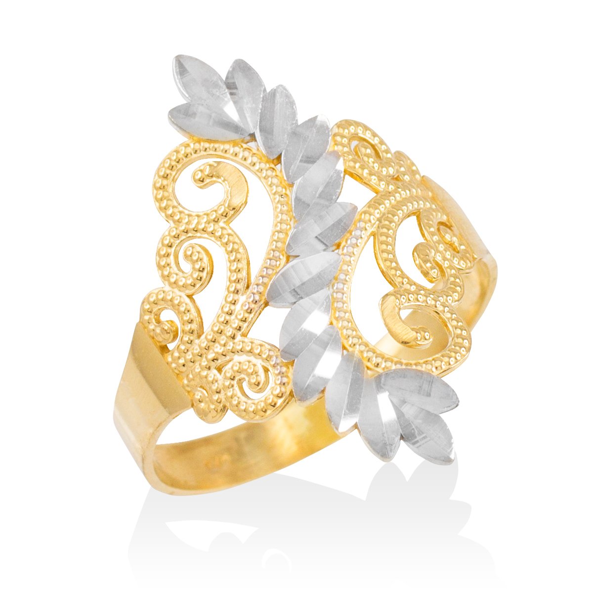 High Polish 14k Two-Tone Gold Filigree Leaf Coktail Ring (Size 8)