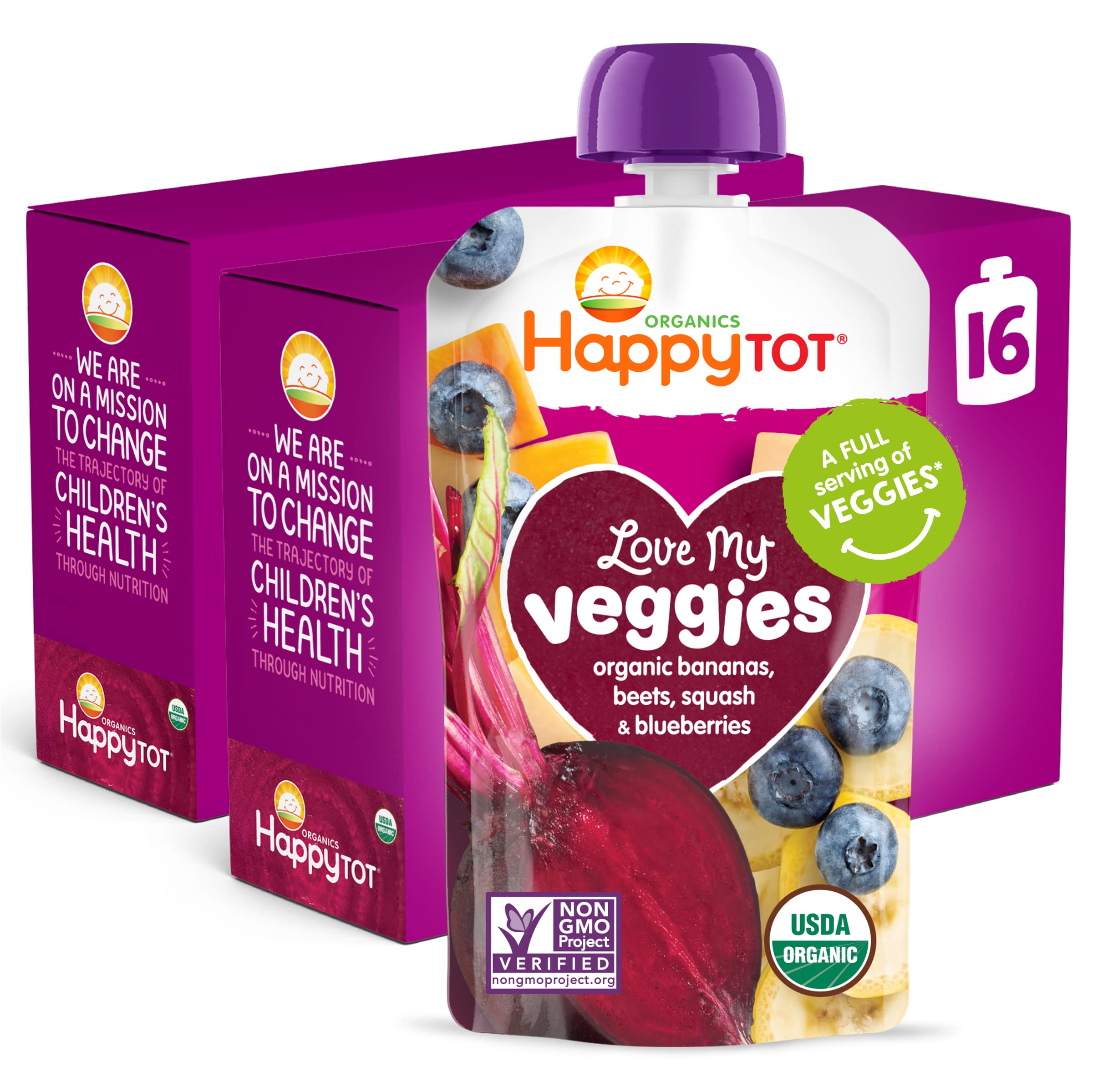 Happy Tot Organics Stage 4 Baby Food Pouches, Gluten Free, Vegan Snack, Love My Veggies, Fruit & Veggie Puree, Banana, Beet, Squash & Blueberry, 4.22 Ounce (Pack of 16)