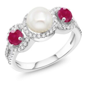 gem stone king 925 sterling silver round cultured freshwater pearl and red ruby women ring (1.40 cttw, gemstone birthstone, available in size 5, 6, 7, 8, 9)