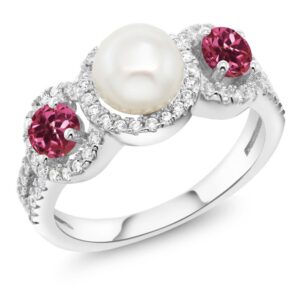 gem stone king 925 sterling silver round cultured freshwater pearl and pink tourmaline ring for women (1.28 cttw, gemstone birthstone, available in size 5, 6, 7, 8, 9)