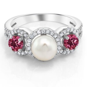 Gem Stone King 925 Sterling Silver Round Cultured Freshwater Pearl and Pink Tourmaline Ring For Women (1.28 Cttw, Gemstone Birthstone, Available In Size 5, 6, 7, 8, 9)