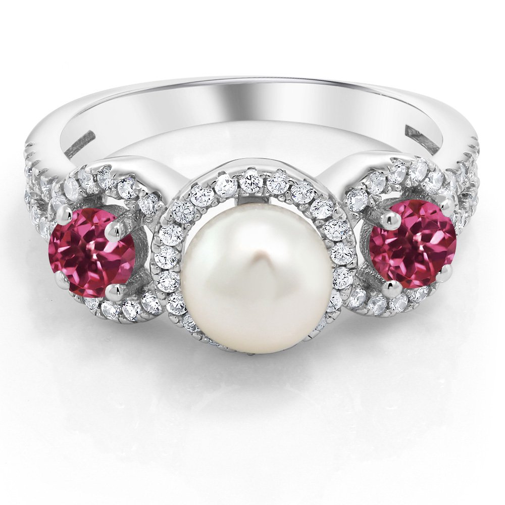 Gem Stone King 925 Sterling Silver Round Cultured Freshwater Pearl and Pink Tourmaline Ring For Women (1.28 Cttw, Gemstone Birthstone, Available In Size 5, 6, 7, 8, 9)