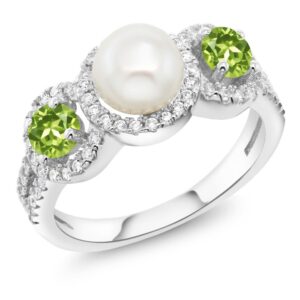 gem stone king 925 sterling silver cultured freshwater pearl and green peridot ring for women (1.40 cttw, gemstone birthstone, available in size 5, 6, 7, 8, 9)