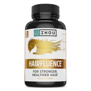 zhou hairfluence, hair growth supplement with clinically studied lustriva and keranat and hair vitamins biotin 5000mcg, vitamin d, a, c & b12, non-gmo, gluten free, 60 vegcaps