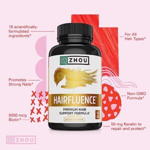 Zhou Hairfluence, Hair Growth Supplement with Clinically Studied Lustriva and Keranat and Hair Vitamins Biotin 5000mcg, Vitamin D, A, C & B12, Non-GMO, Gluten Free, 60 VegCaps