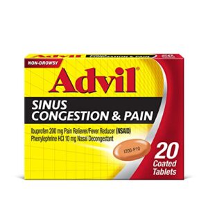 advil sinus congestion and pain, sinus relief medicine, pain reliever and fever reducer with ibuprofen and phenylephrine hcl - 20 coated tablets