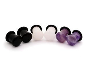 mystic metals body jewelry set of 3 pairs single flare stone plugs - 2g - 6mm - (white jade, amethyst, black agate)