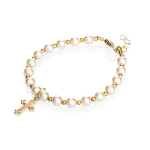 christening 14kt gold-filled beads with cream european simulated pearls and cross charm luxury unisex baby bracelet (bgc_s)