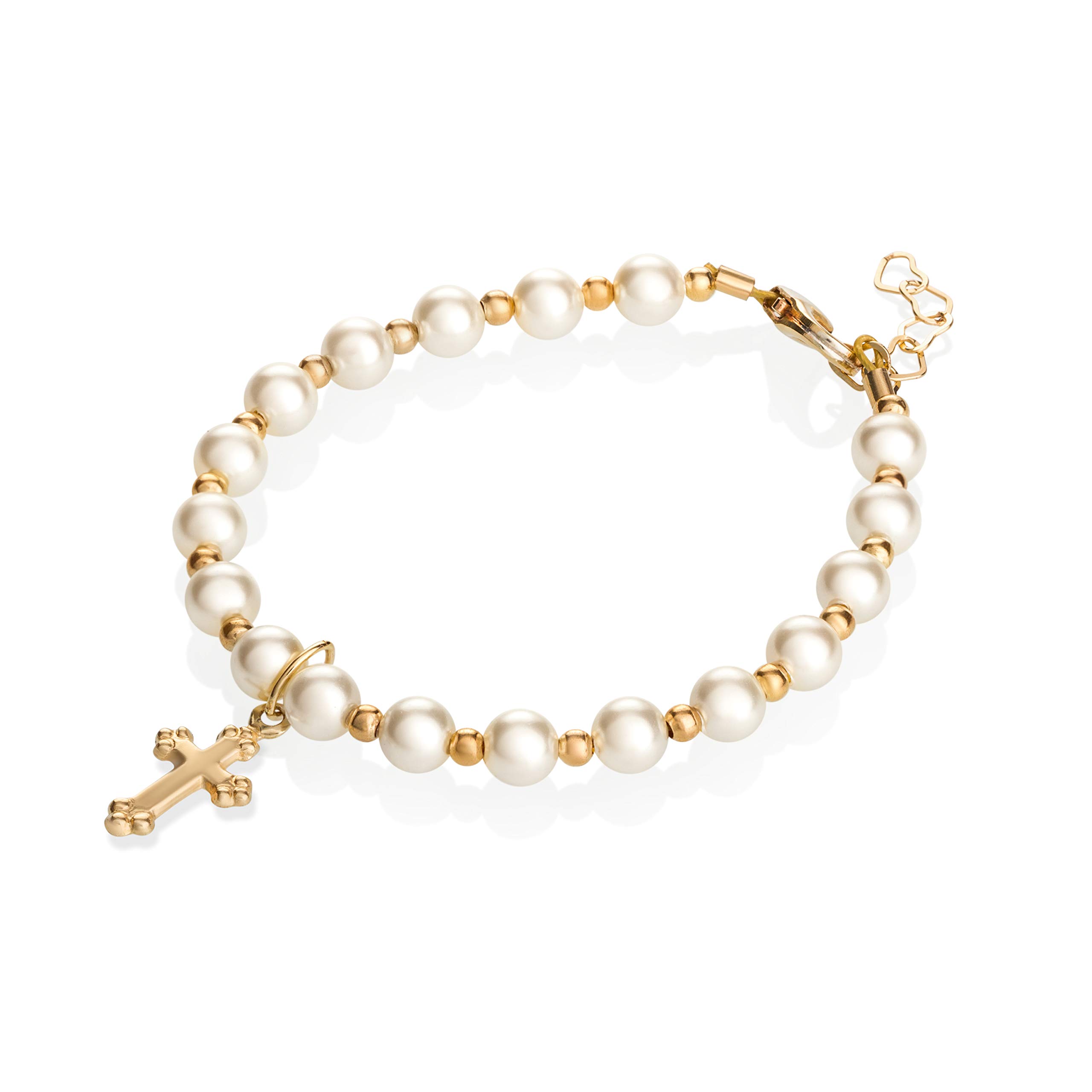 Christening 14KT Gold-Filled Beads with Cream European Simulated Pearls and Cross Charm Luxury Unisex Baby Bracelet (BGC_S)