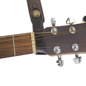 Walker & Williams AT-1-BRN Dark Brown Acoustic Guitar Grain Leather Strap Button Headstock Adaptor For Acoustic, Electric, And Bass Guitars