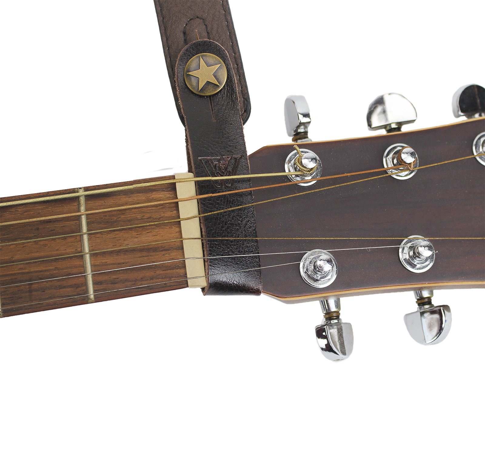 Walker & Williams AT-1-BRN Dark Brown Acoustic Guitar Grain Leather Strap Button Headstock Adaptor For Acoustic, Electric, And Bass Guitars