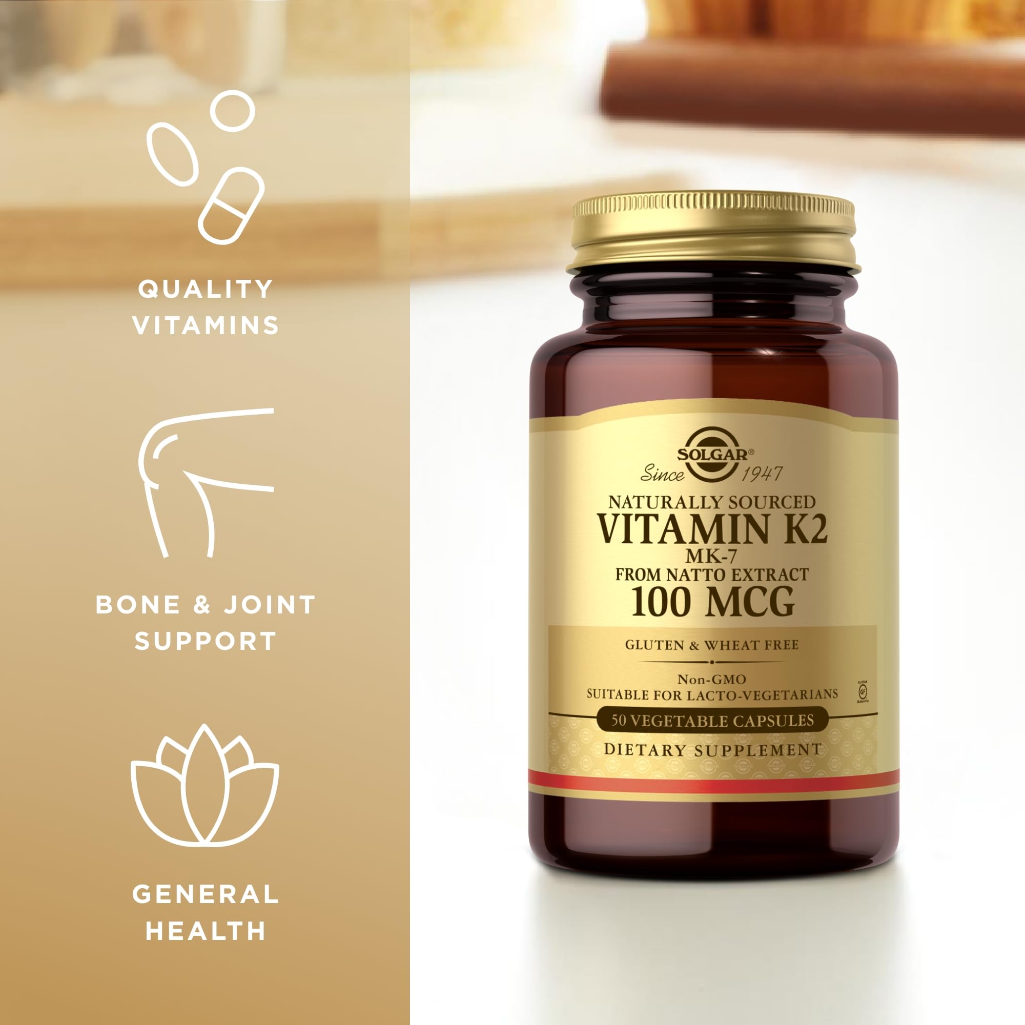 SOLGAR Naturally Sourced Vitamin K2 (MK-7) 100 mcg - 50 Vegetable Capsules, Pack of 4 - Whole Food Source from Natto Extract - Non-GMO, Gluten Free - 200 Total Servings