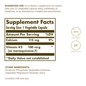 SOLGAR Naturally Sourced Vitamin K2 (MK-7) 100 mcg - 50 Vegetable Capsules, Pack of 4 - Whole Food Source from Natto Extract - Non-GMO, Gluten Free - 200 Total Servings