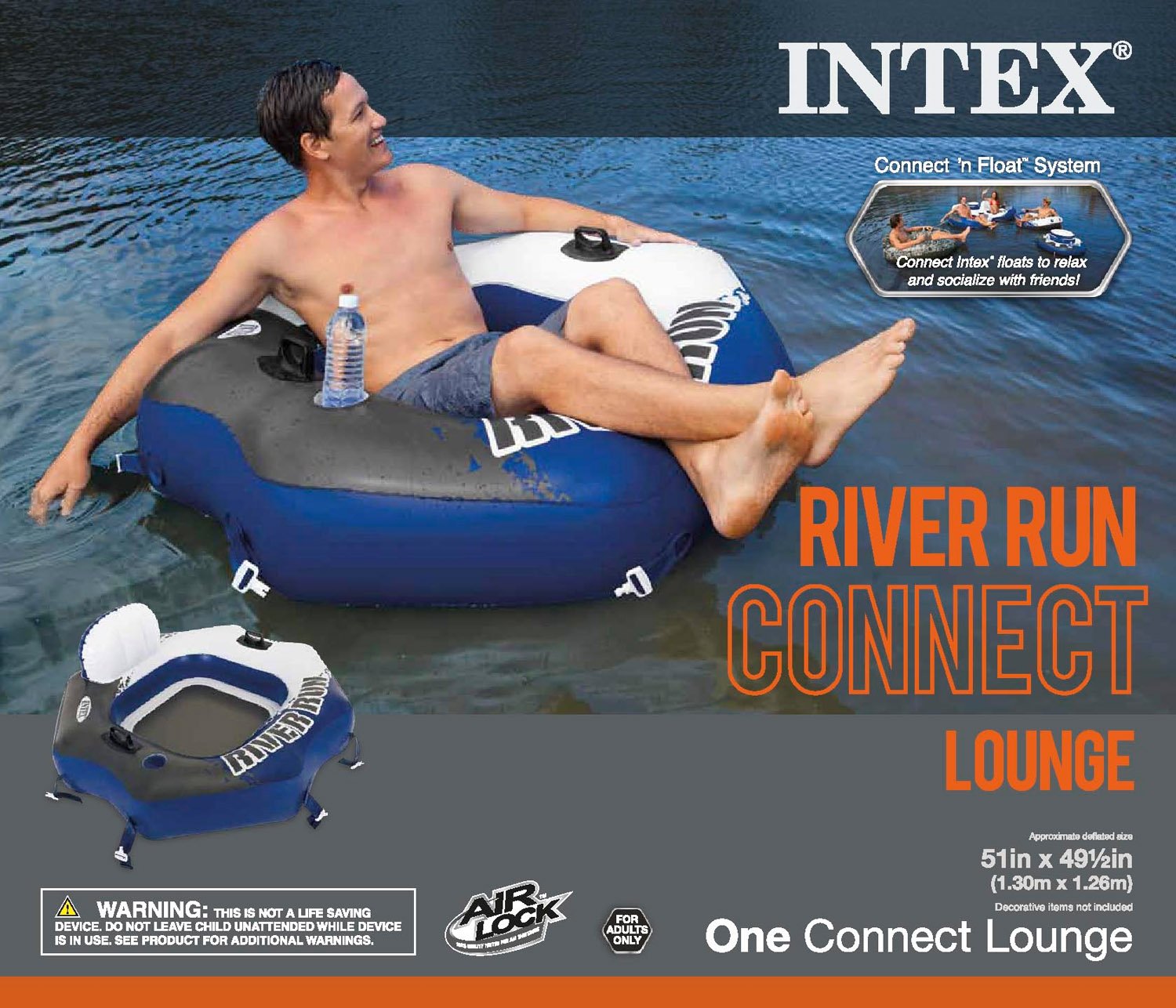 Intex 58854EP River Run Single Person Inflatable Connecting Lounge Tube Chair w/Mesh Bottom, Backrest, & Built in Cupholders, Blue (2 Pack)