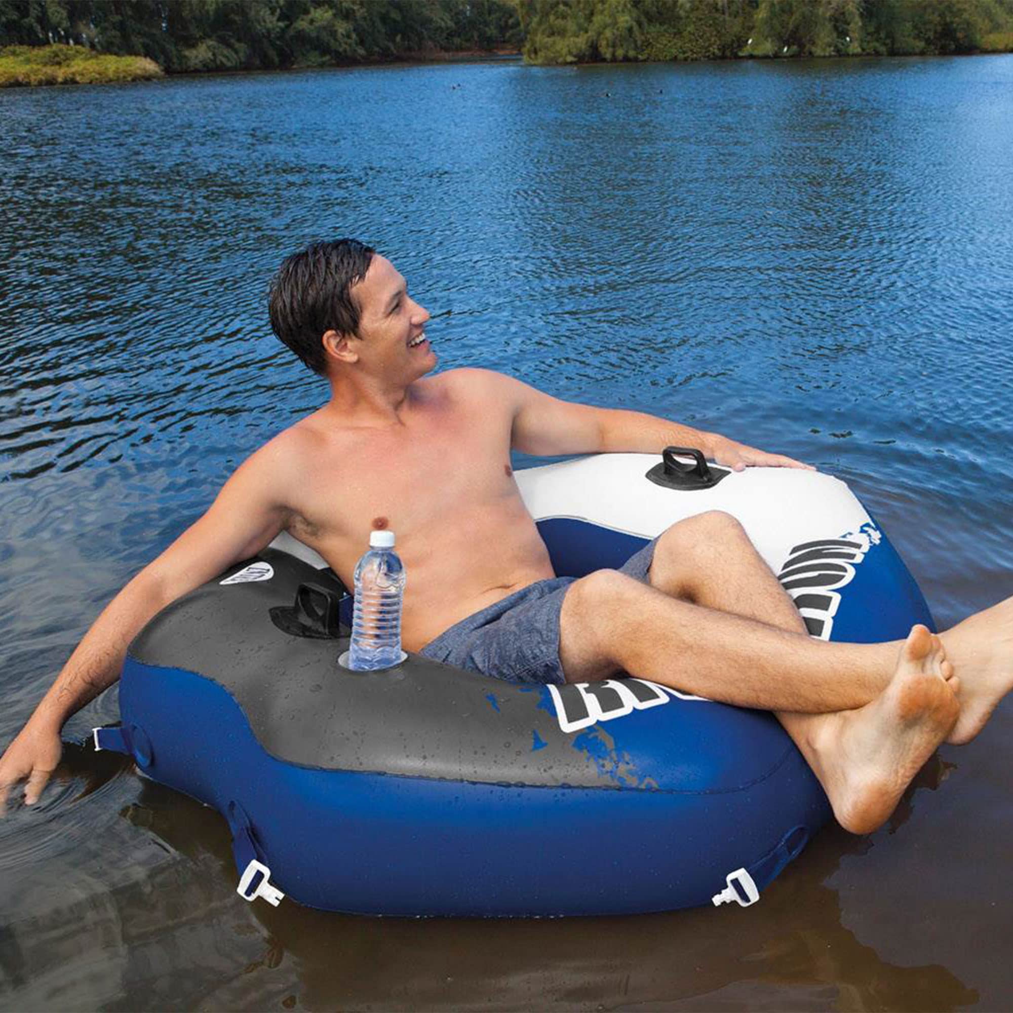 Intex 58854EP River Run Single Person Inflatable Connecting Lounge Tube Chair w/Mesh Bottom, Backrest, & Built in Cupholders, Blue (2 Pack)