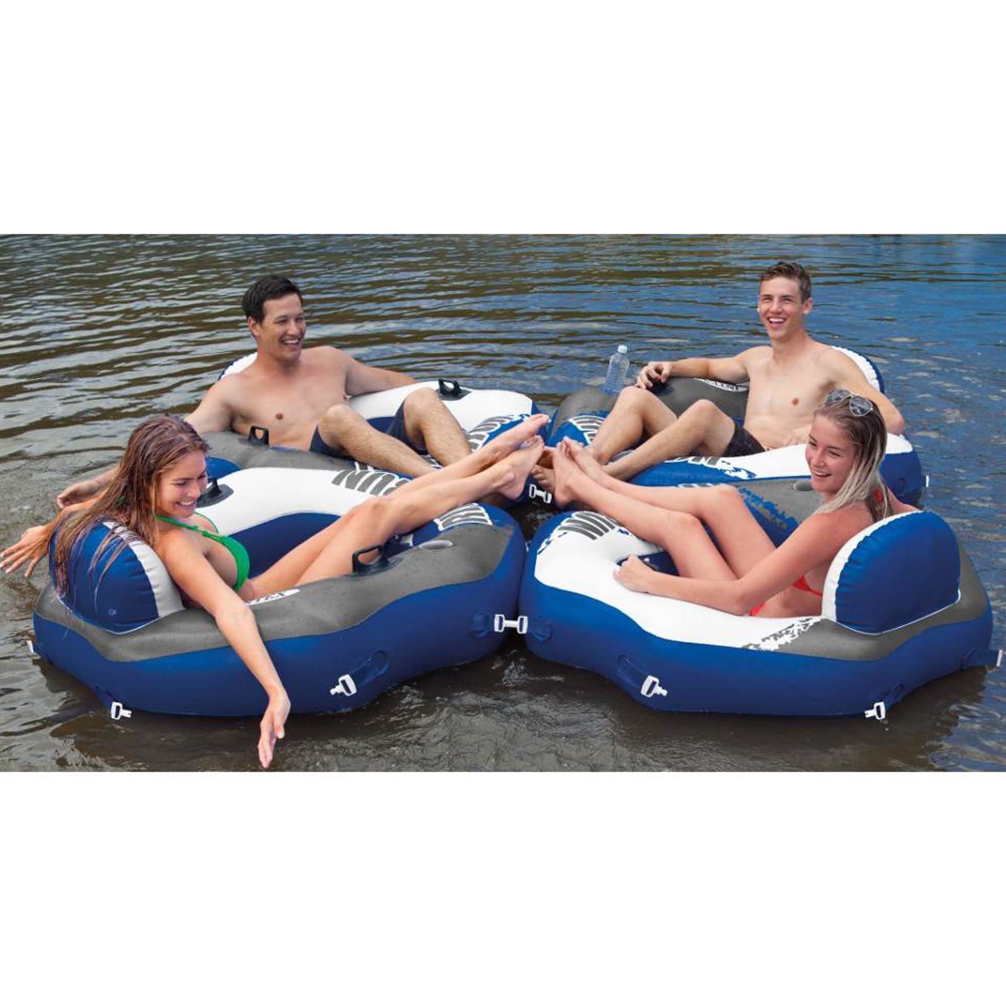 Intex 58854EP River Run Single Person Inflatable Connecting Lounge Tube Chair w/Mesh Bottom, Backrest, & Built in Cupholders, Blue (2 Pack)