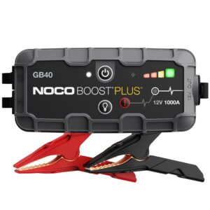 noco boost plus gb40 1000a ultrasafe car battery jump starter, 12v battery pack, battery booster, jump box, portable charger and jumper cables for 6.0l gasoline and 3.0l diesel engines, gray