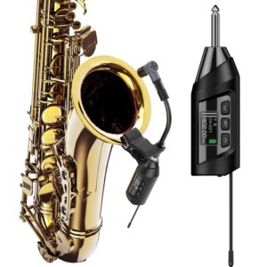 sgpro wireless saxophone microphone system, clip-on instrument microphone for sax and trumpet, preset eq & echo level 196 ft transmission rechargeable compact transmitter and receiver 4.5 hours