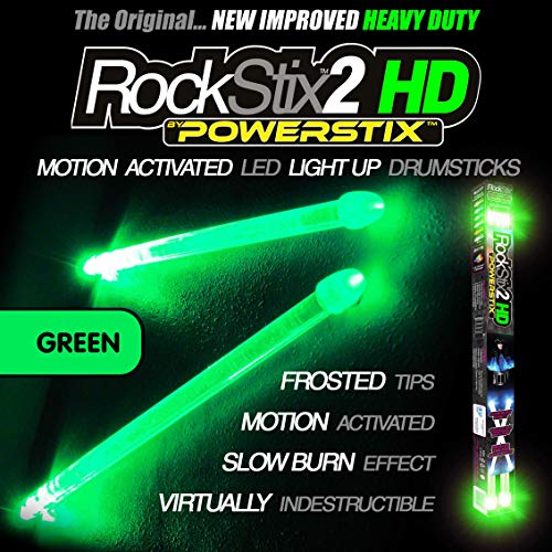 ROCKSTIX 2 HD GREEN, BRIGHT LED LIGHT UP DRUMSTICKS, with fade effect, Set your gig on fire! (GREEN ROCKSTIX)