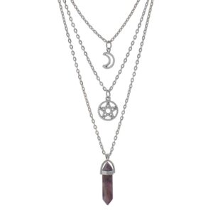 mjartoria moon pentagram necklace crystal chakra pendant layered necklaces for women choker necklace gothic jewelry y2k goth accessories (purple amethyst, moon pentagram)