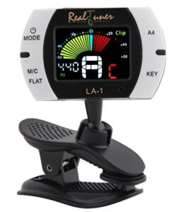 real tuner - chromatic clip-on tuner for guitar, bass, violin, ukulele, banjo, brass and woodwind instruments - bright full color display - extra mic function - a4 pitch calibration - transposition