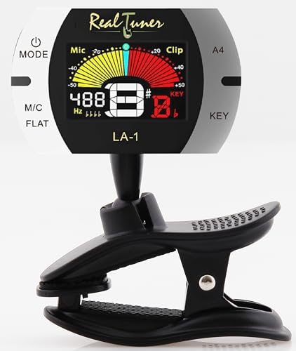 Real Tuner - Chromatic Clip-on Tuner for Guitar, Bass, Violin, Ukulele, Banjo, Brass and Woodwind Instruments - Bright Full Color Display - Extra Mic Function - A4 Pitch Calibration - Transposition