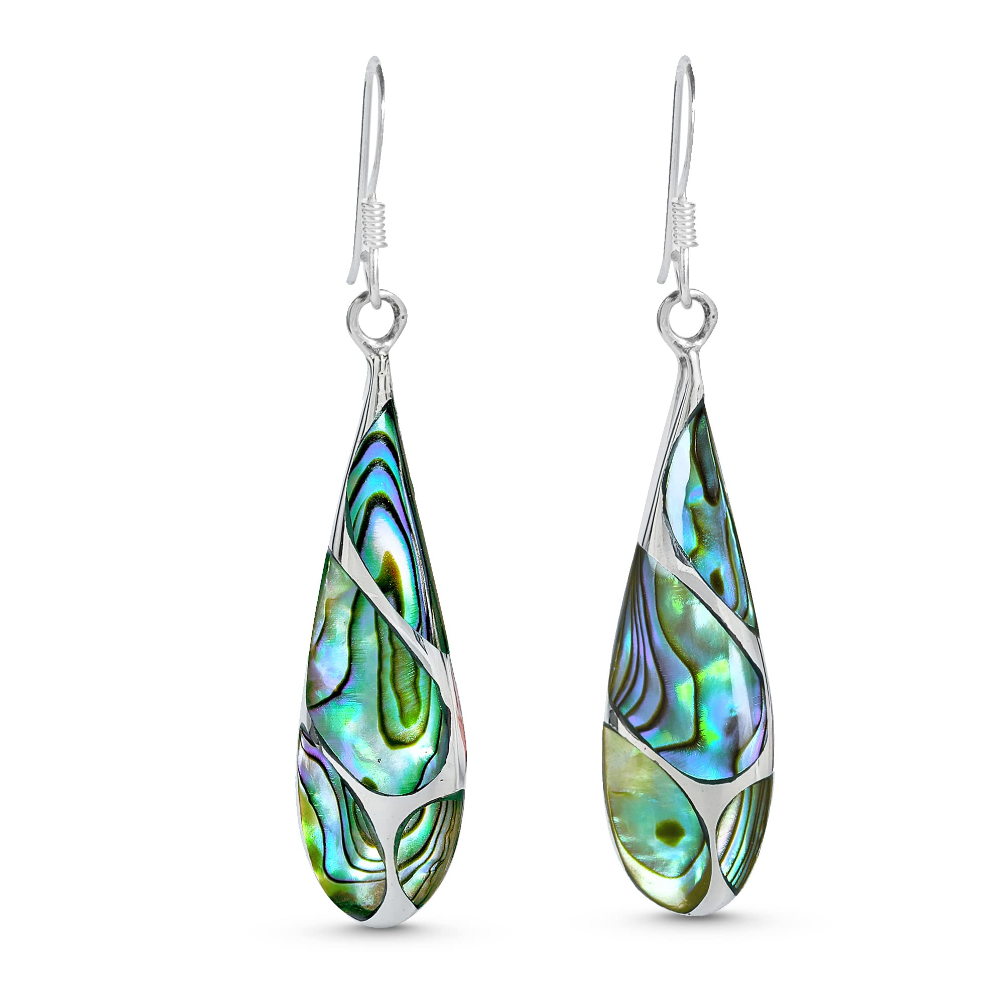 Vintage Abalone Shell Streak Teardrop .925 Sterling Silver Dangle Earrings