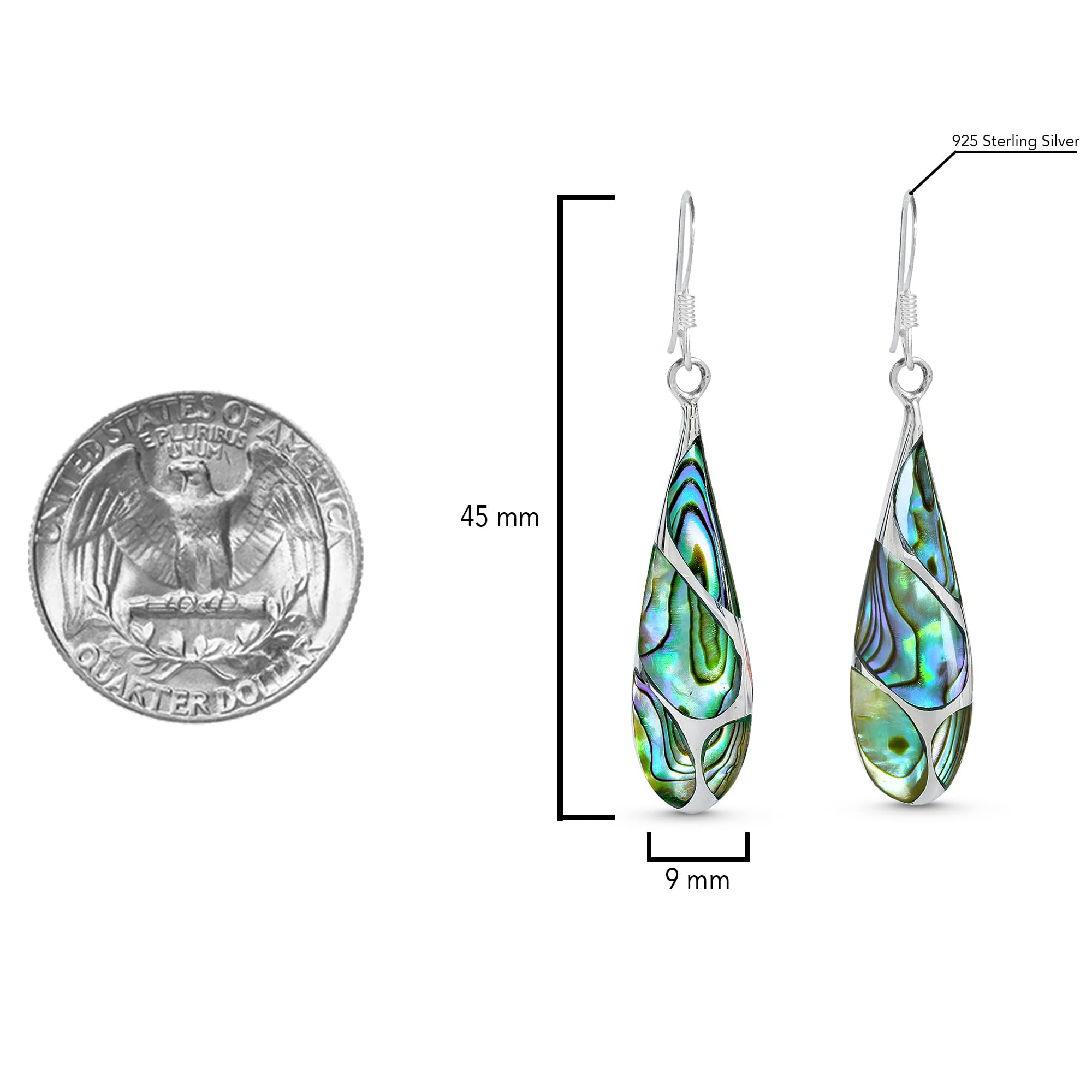 Vintage Abalone Shell Streak Teardrop .925 Sterling Silver Dangle Earrings