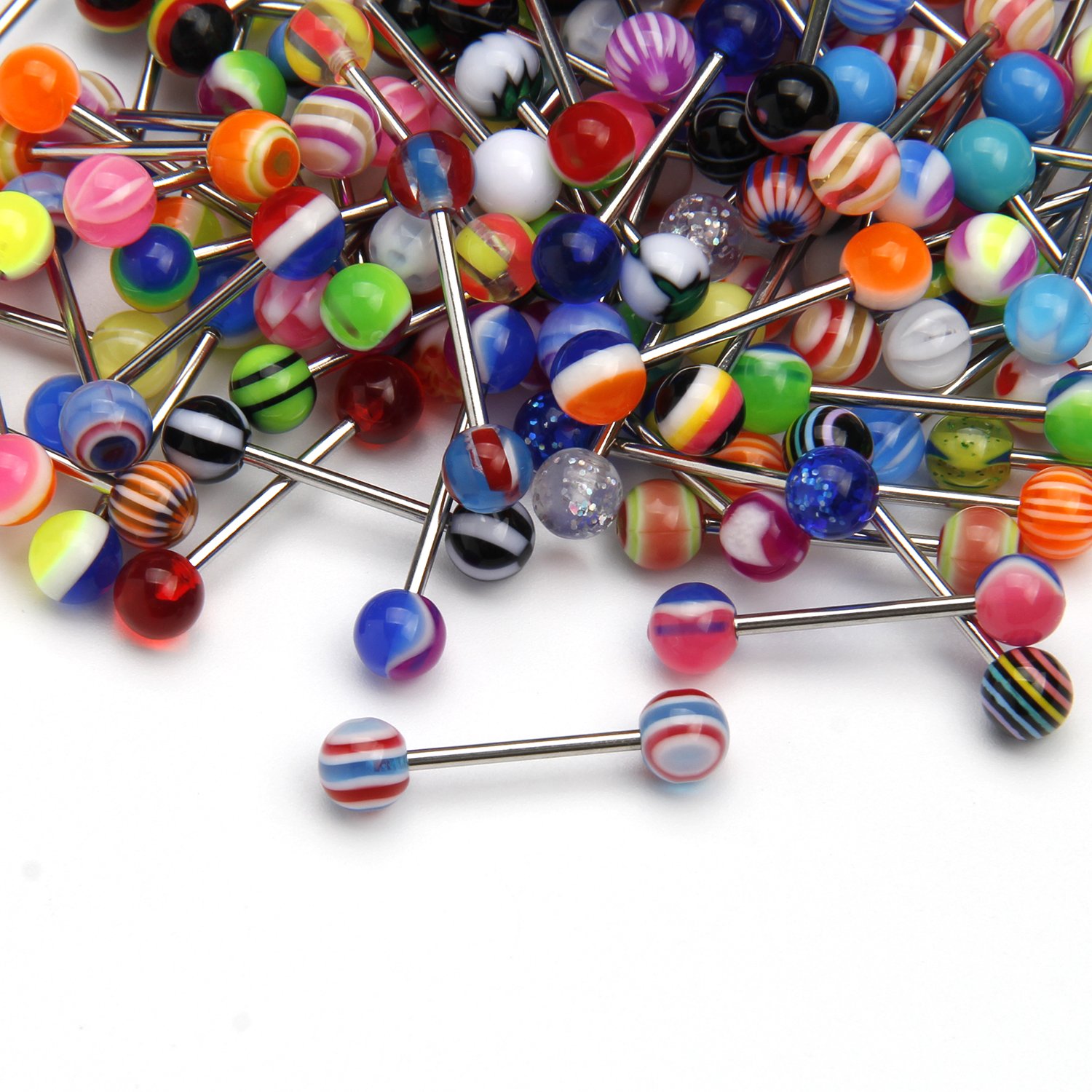 CrazyPiercing Wholesale Lot 50Pcs 14g Tongue Rings Barbells Nipple Barbell Piercing Jewelry Assorted Colors