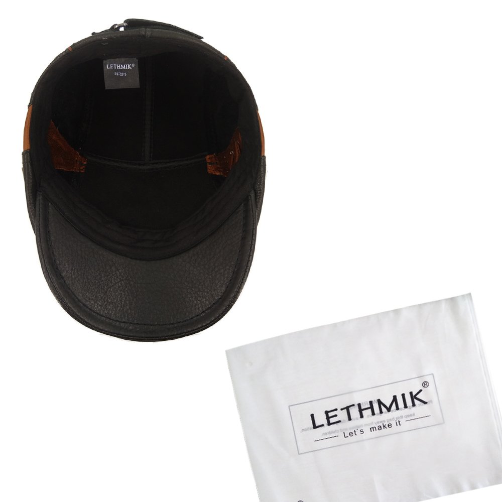 LETHMIK Unique Flat Cap Hunting Cowhide Leather Driver Ivy Cap Newsboy Hat Black-L